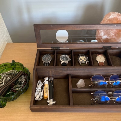 Acacia Solid Lid Valet Watch Box 5 Compartment Watch Box Men's Valet ...