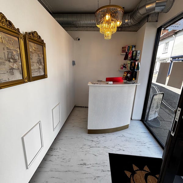 Luxury Curved Reception Desk With Pencil Pleated Front and Gold Trim ...