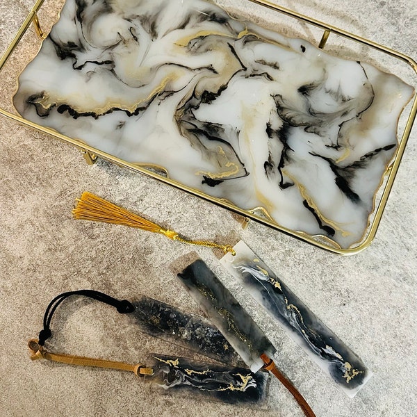 Resin Tray, Tray With Handles, Grey Marble Resin Tray, Marble and Gold ...