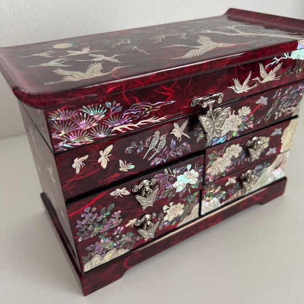 Mother of Pearl Jewelry Keepsake Box Asian Inlay Lacquer Wood Jewelry ...