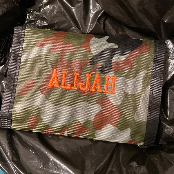KIDS PERSONALIZED WALLETS - Embroidered Nylon Trifold Camo and Sports ...