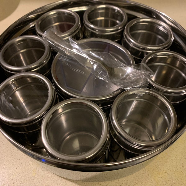 Stainless Steel Indian Spice Box, Steel Masala Dabba 12 Spices, Lid ...