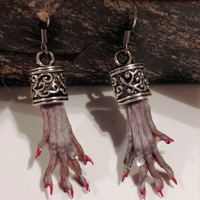 Taxidermy Rat Feet With Painted Nails and Rhinestone Ring Earrings Made ...