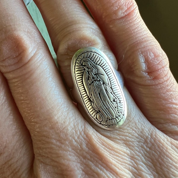 Antique Silver Madonna Oval Ring, Long Geometric Miraculous Medal Ring ...