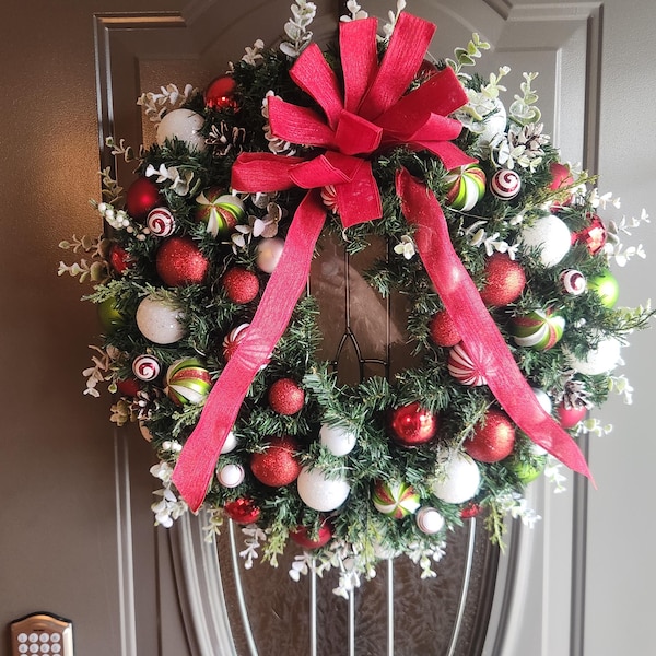 Red Ribbon Winter Wreath, Large Christmas Wreath, Long Tail Wreath ...