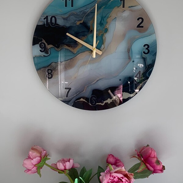 Glass Abstract Wall Clock Wall Art, Modern Marbled Style Tempered Glass ...
