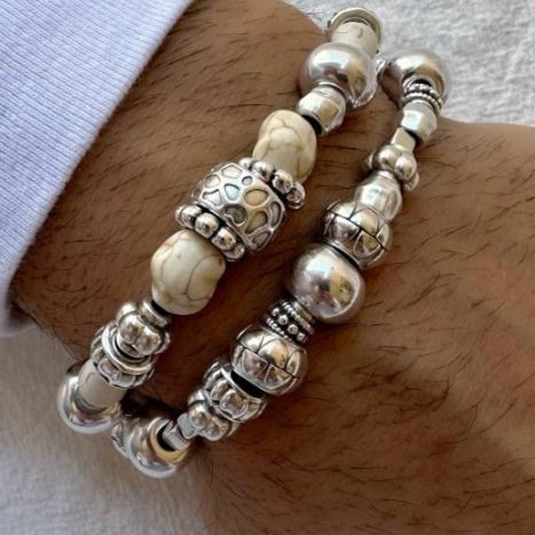 Men Large Beaded Bracelets Silver, Mens Beads Bracelet, Large Bracelets ...