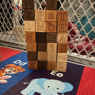 26-piece PICTURE ALPHABET Block Set Natural Wooden Toy Blocks With ...