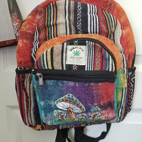 Himalayan Hemp Mini Backpack Mushroom Embroidered Tie Dye Boho Bag - Etsy