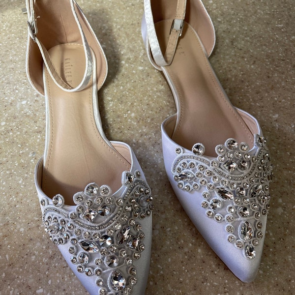 White Satin Pointy Toe Flats With Sparkly RHINESTONES APPLIQUE , Women ...