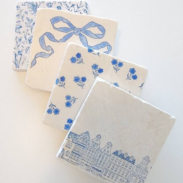 Blue and White Botanical Marble Coasters/ Botanical Coasters/ Botanical ...