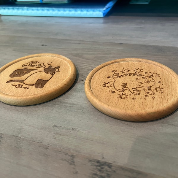 Cute Tiger and Stars Wooden Coaster, Round Wood Coaster, Cute Animal ...