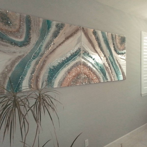 Crystal Quartz 24K Gold Resin Painting Framed Glass Abstract Champagne ...