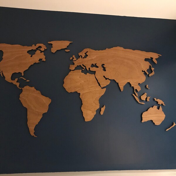3D Wooden World Map XL With Engraved Country Borders, Floating on the ...