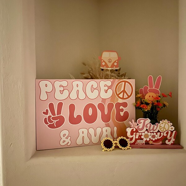 Peace Love Sign, Girl Groovy Birthday Sign, Retro Birthday Sign, Pink ...