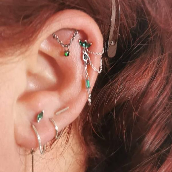 Dainty Industrial Barbell and CZ Chain for Piercing, Gold Sterling ...