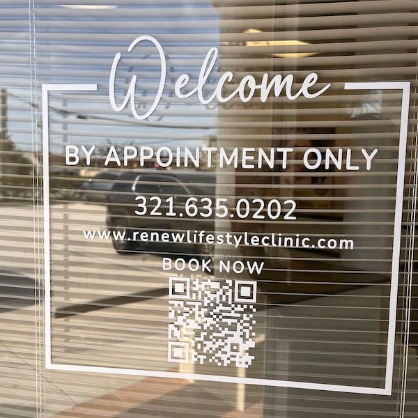 Custom Storefront Window Welcome Sign With QR CODE | Business Hours ...