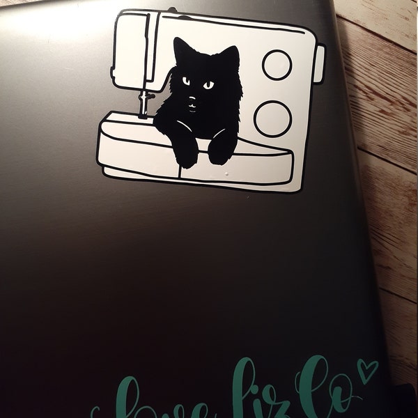 Cat and Sewing Machine Decal, Cat Laptop Decal, Black Cat Sticker ...