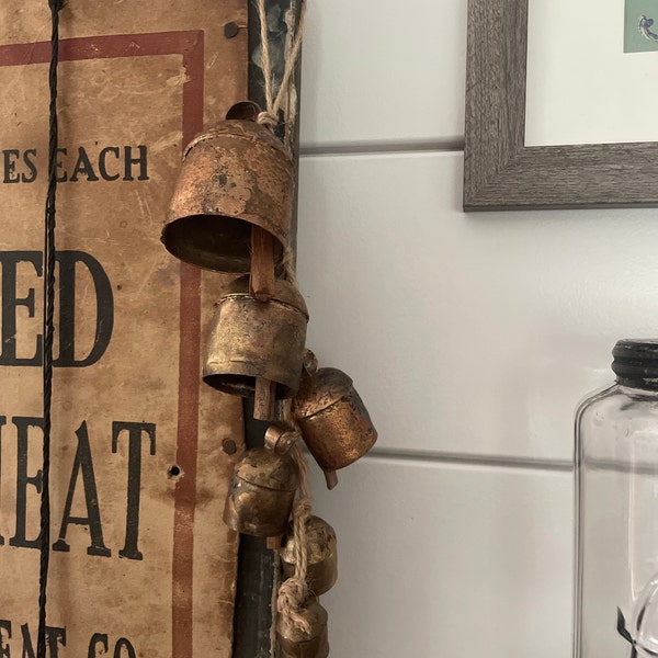 RUSTIC FARMHOUSE BELLS 5 Rough Hewn Gold Bells W/ Wooden Clappers in 6 Sizes Shabby Chic Cow ...