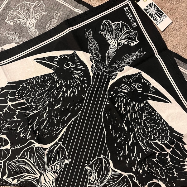 Crow Bandana: Warm Black Cotton Handkerchief With Moonflower Design ...