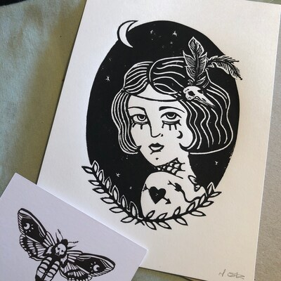 Mini Ghost Linoprint, Goth Home Decor, Miniature Art Print - Etsy