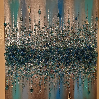 Glitter Glass Painting, Glitter Painting, Silver Glitter Art, Turquoise ...