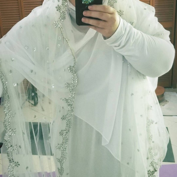Silver White Indian Dupatta Party Wear Beaded Stone Border | Long Net ...