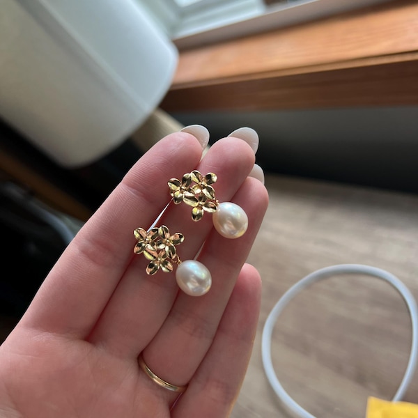 Gold Flower Pearl Earrings • Pearl Cluster Drop Earrings • Triangle ...