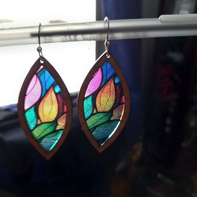 Mosaic Stained Glass Earrings // Teardrop // Mahogany Wood // Bright ...
