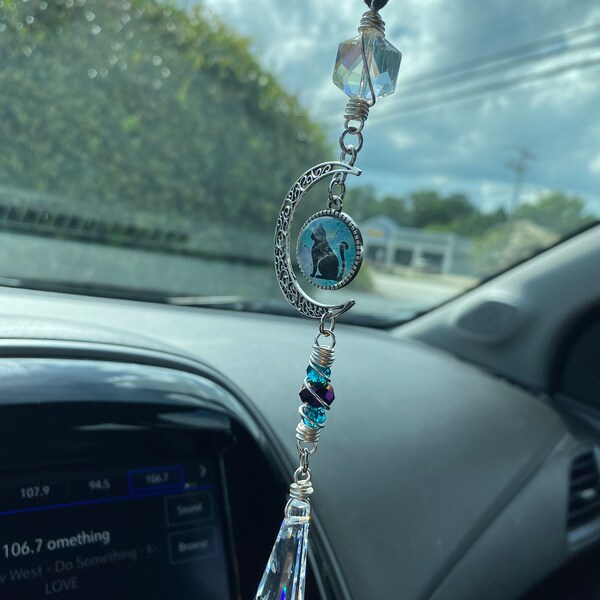 Cat Car Charm, Boho Moon Decor, Moon Suncatcher, Crystal Car Charm, Cat ...