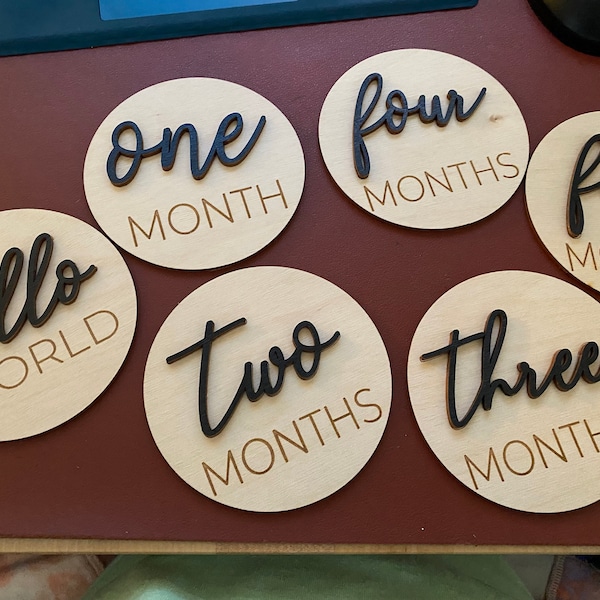 3D Wooden Monthly Milestone Discs for Baby Photos + Matching Nameplate ...