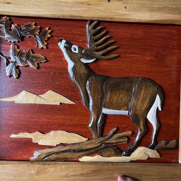 Deer Eating Leaves Intarsia Wood Wall Art, Deer Eating Leaves Intarsia ...