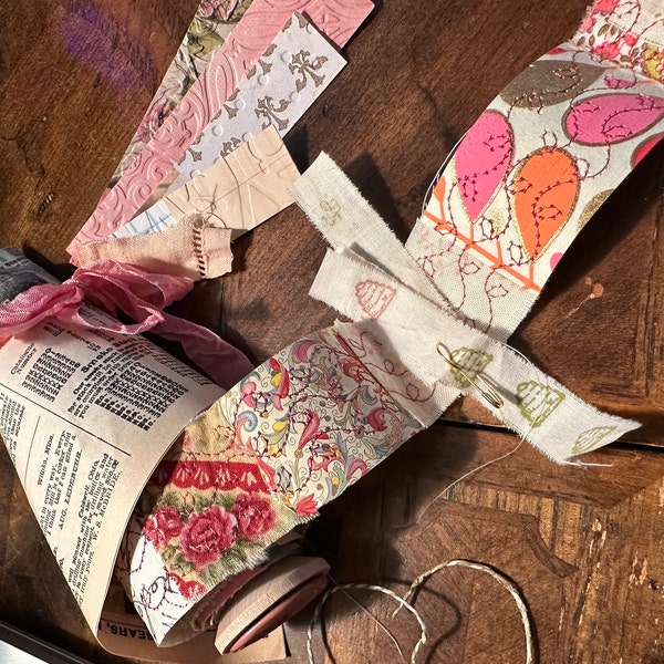 Stitched Snippet Fabric Paper Roll on a Wooden Spool French Vintage ...