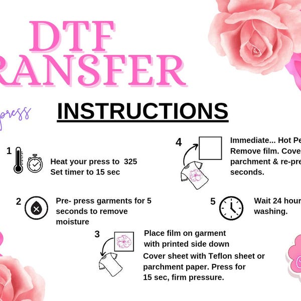 DTF Instruction Card Transfer Print Screen Heat Instruction Press ...