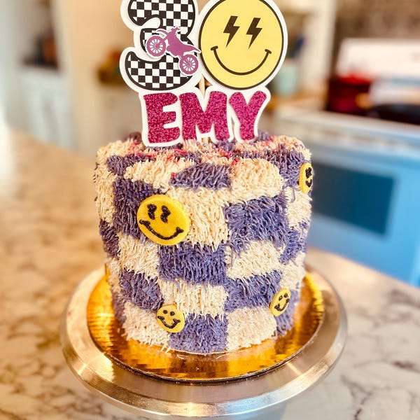 Smiley Face, Checkered Glitter Cake Topper With Name and Age. Custom ...
