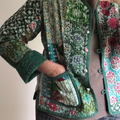 Blue and White Quilted Jacket Women Wear Stripe Piping Handmade Vintage ...