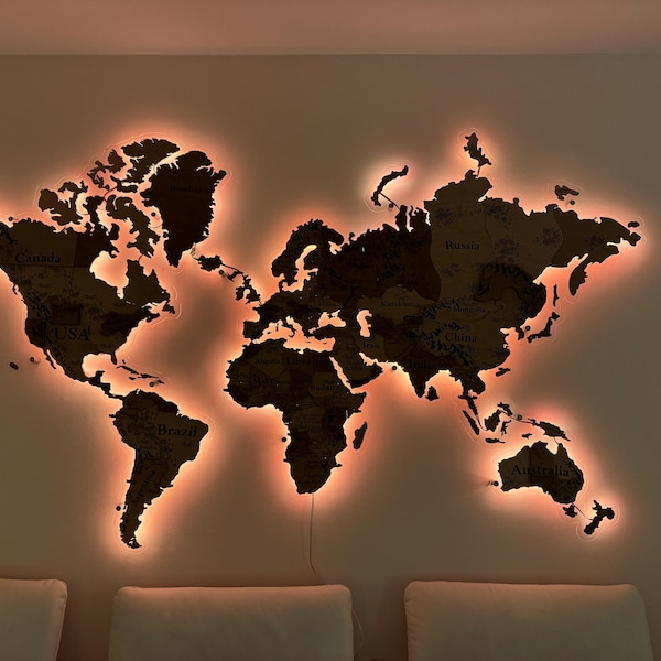 World Map With LED Lighting, Wooden Push Pin Map, 3D Led Backlight Map ...