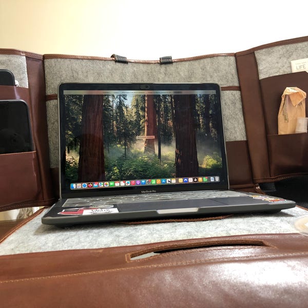 Leather Laptop Bag & Workstation – 2-in-1 Portable Desk Organizer With ...