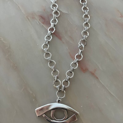 Silver Large Evil Eye Protection Necklace, Antique Silver Chunky Chain ...