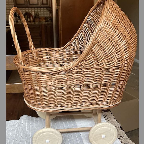 Natural Wicker Baby Carriage, Doll Stroller, Push Toy for Toddler Girls ...