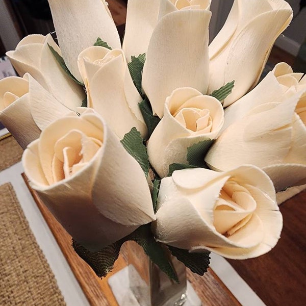 Ivory White Wood Rose Bouquet: Baker's Dozen With Ribbon - Etsy