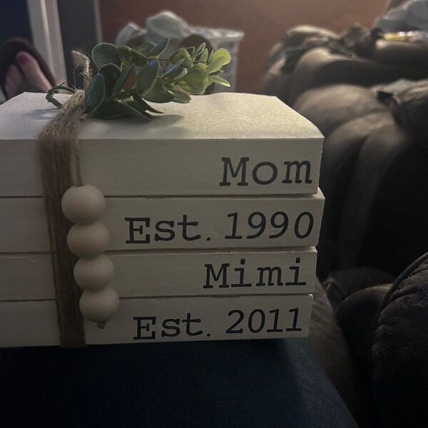 Mom and Mimi Book Stack, Stamped Books, Decorative Books, Shelf Decor ...