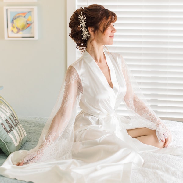 Long Lace Bridal Robe Wedding Kimono Long Bridal Robe Kimono Robe ...