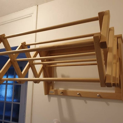 Wooden Wall Mounted Foldable Drying Rack, Airer With Shelf and Hooks ...