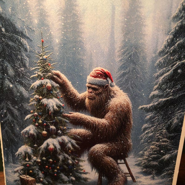 Bigfoot Christmas Cards and Envelopes Lonely Sasquatch Decorating a ...