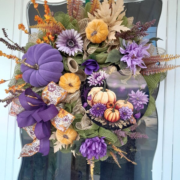 Round Fall Wreath Sign, Fall Wreath Sign, Purple and Orange Pumpkins ...