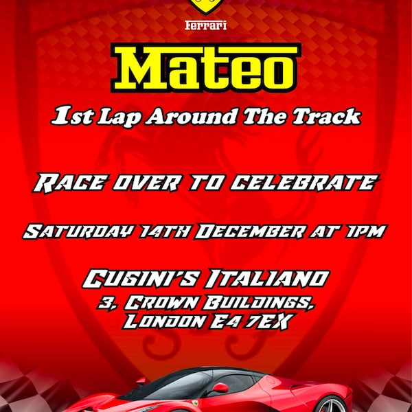 Ferrari Cars Birthday Invitation, Race Car Birthday Party, Card ...