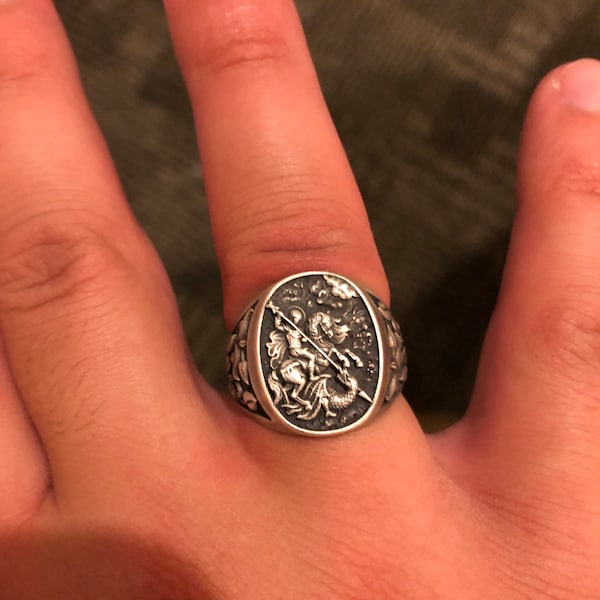 Saint George Defeating the Dragon Signet Ring, Oval Religious Ring, 925 ...