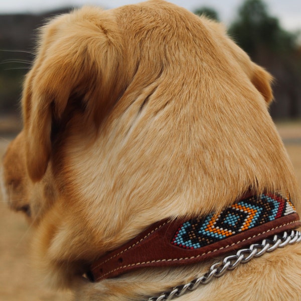 Leather Dog Collar With Red, Yellow, and Blue Beaded Design - Etsy
