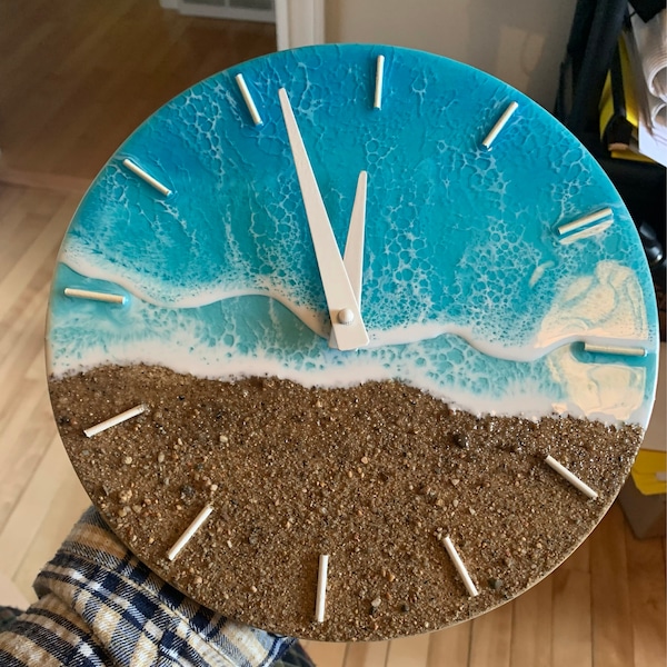 Resin Clock- Sand and Ocean Blue Water and White Waves / Beach Art ...